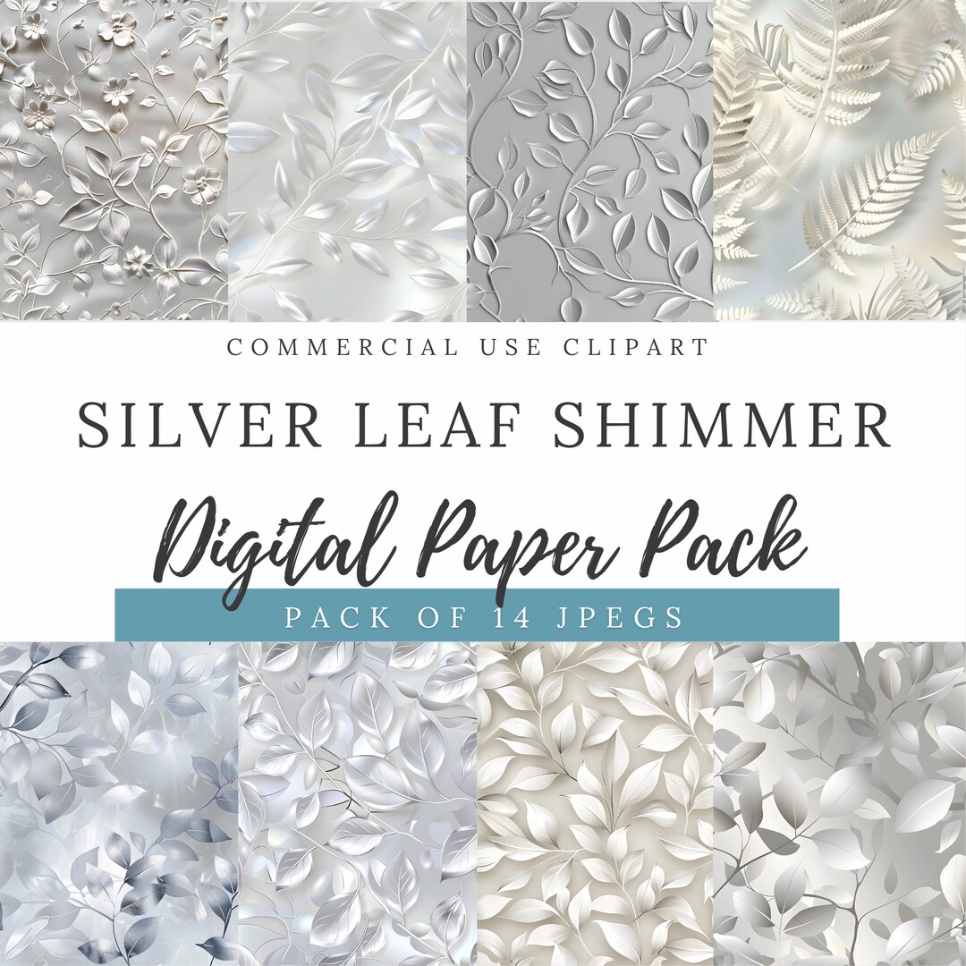 Silver Leaf Shimmer Texture Pack - 14 Metallic Leaf Digital Papers for ...