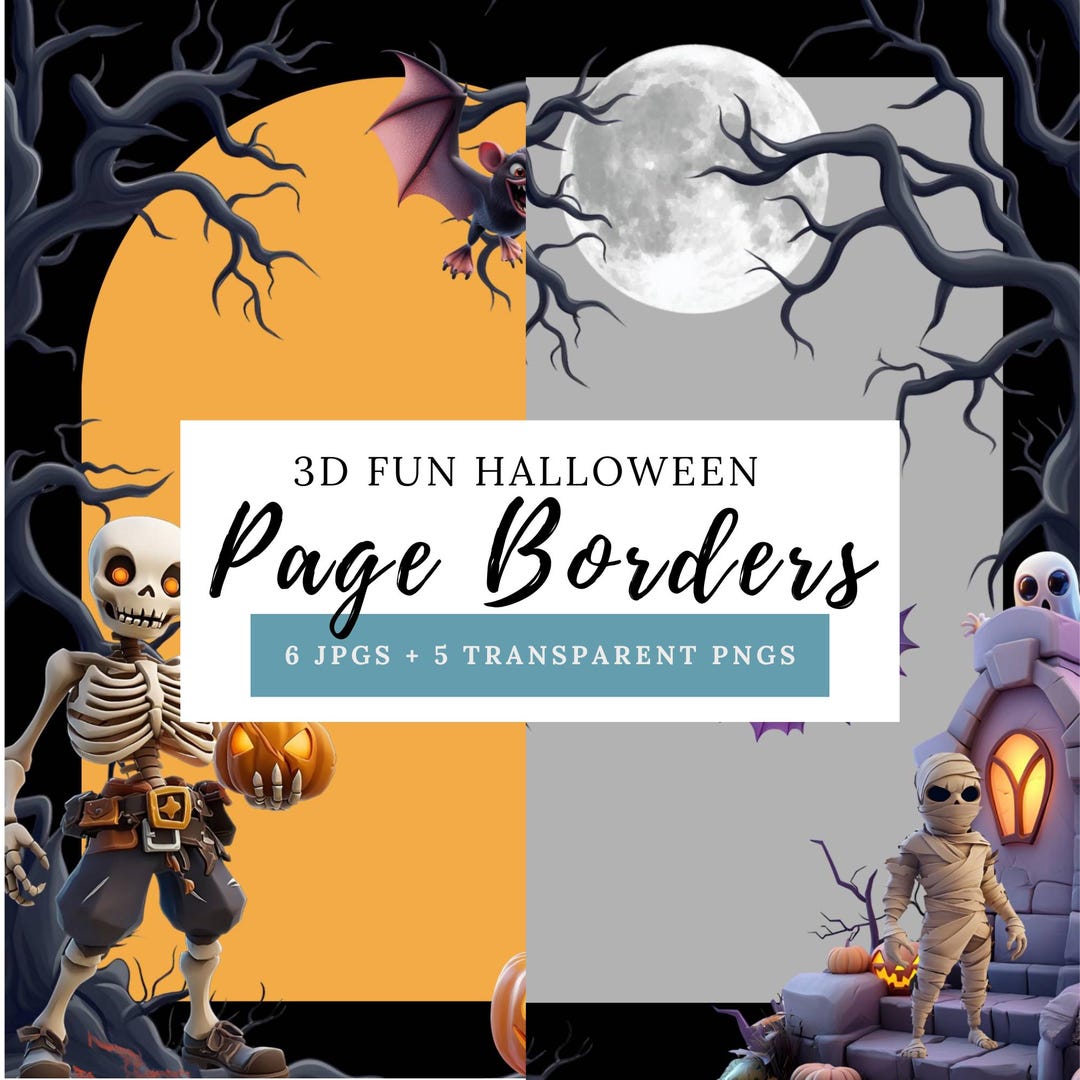 Halloween Page Borders, Spooky 3D Cat Witch, Skeleton, Ghost, Orange ...