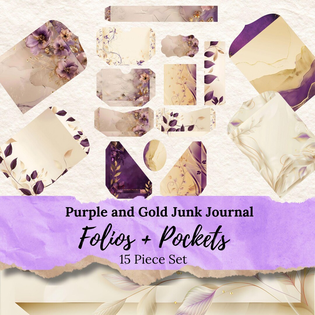 Purple and Gold Junk Journal Folios and Pockets: 15 Piece Digital Folio ...