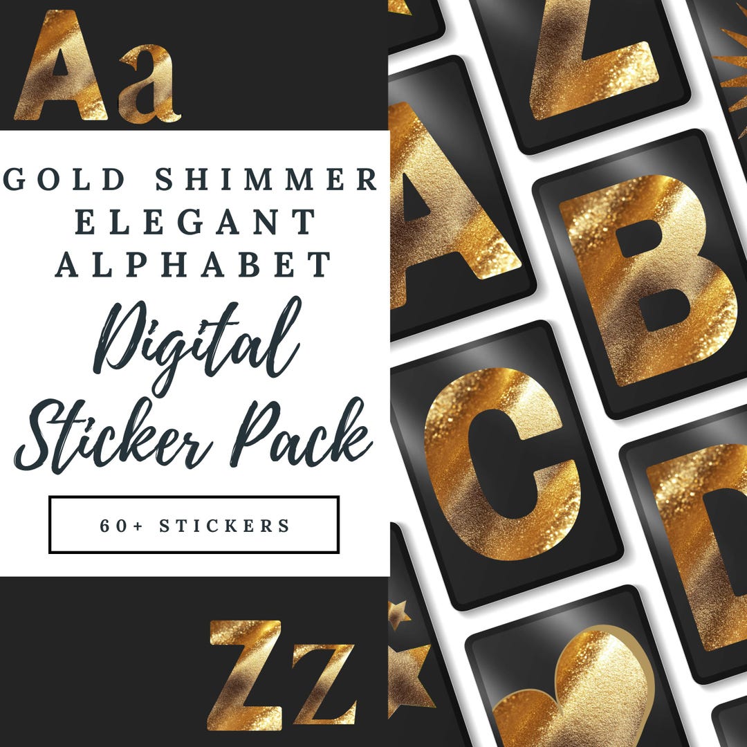 Gold Shimmer Alphabet Digital Sticker Pack - 60+ Elegant Letters, Numbers and Icons for Digital ...