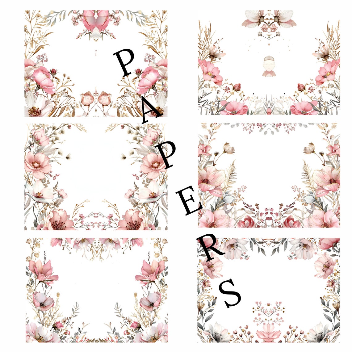 Pink and Gold Border Pack: 10 Pretty Floral Bordered Papers for Journal ...