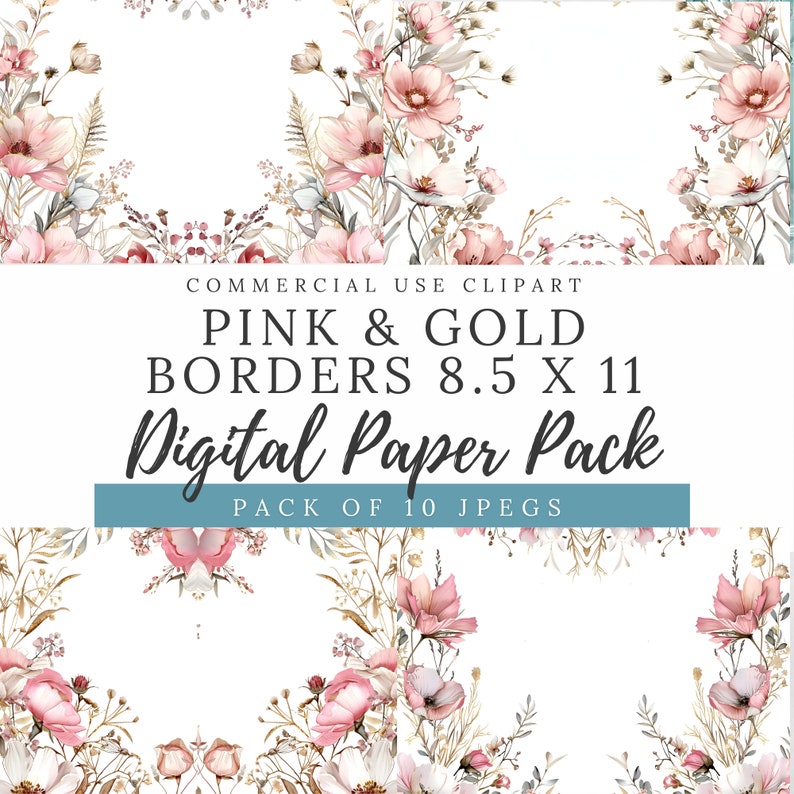 Pink and Gold Border Pack: 10 Pretty Floral Bordered Papers for Journal ...