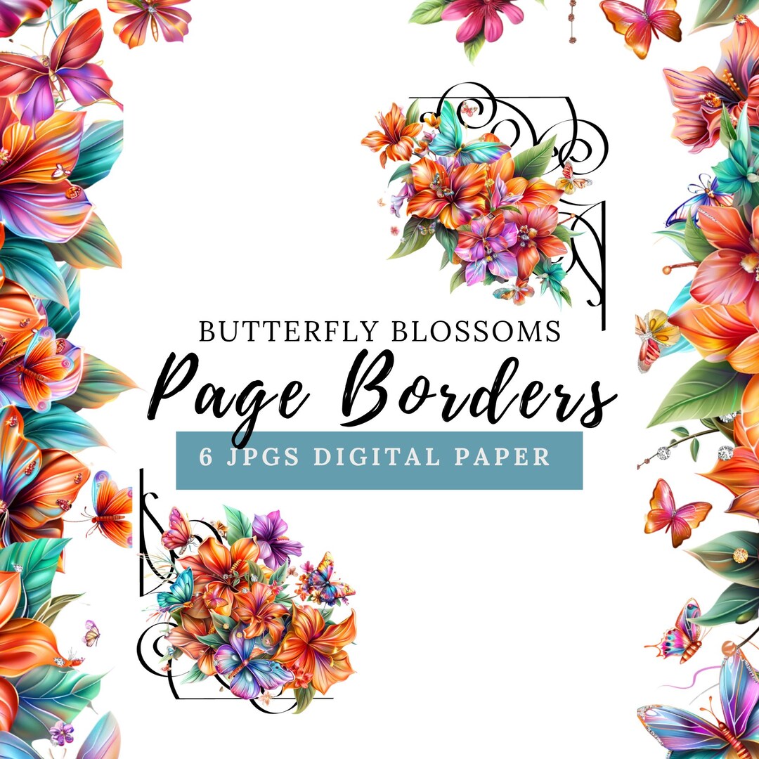 Butterfly Blossom Page Borders – Floral & Butterfly Digital Frame for ...