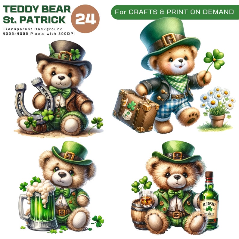 St Patrick Teddy Bear Clipart, Artful Watercolor Bear, Artful Bear Art ...