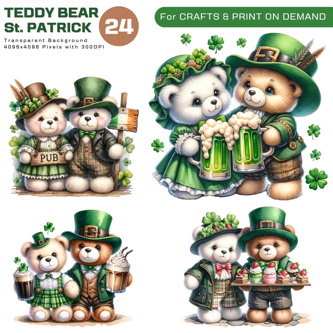St Patrick Teddy Bear Clipart, Artful Watercolor Bear, Artful Bear Art ...