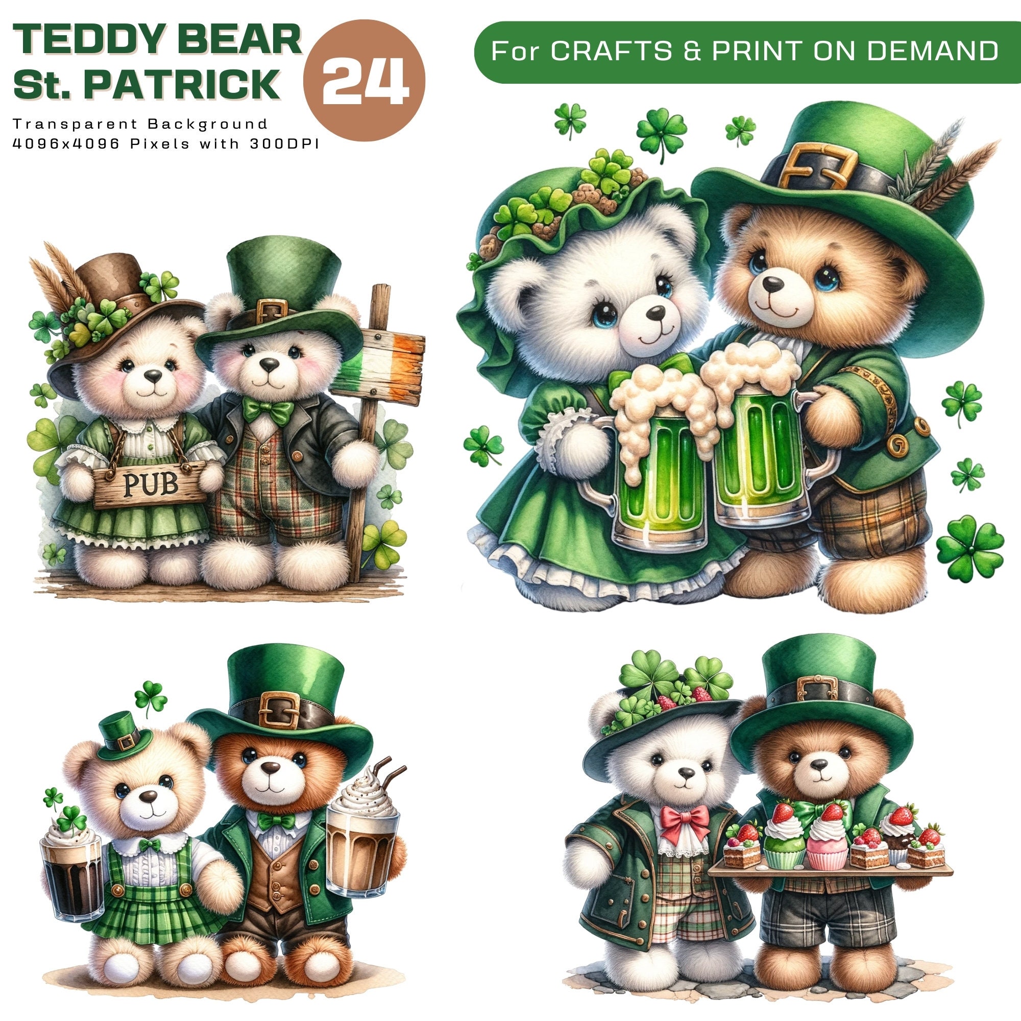 St Patrick Teddy Bear Clipart, Artful Watercolor Bear, Artful Bear Art ...
