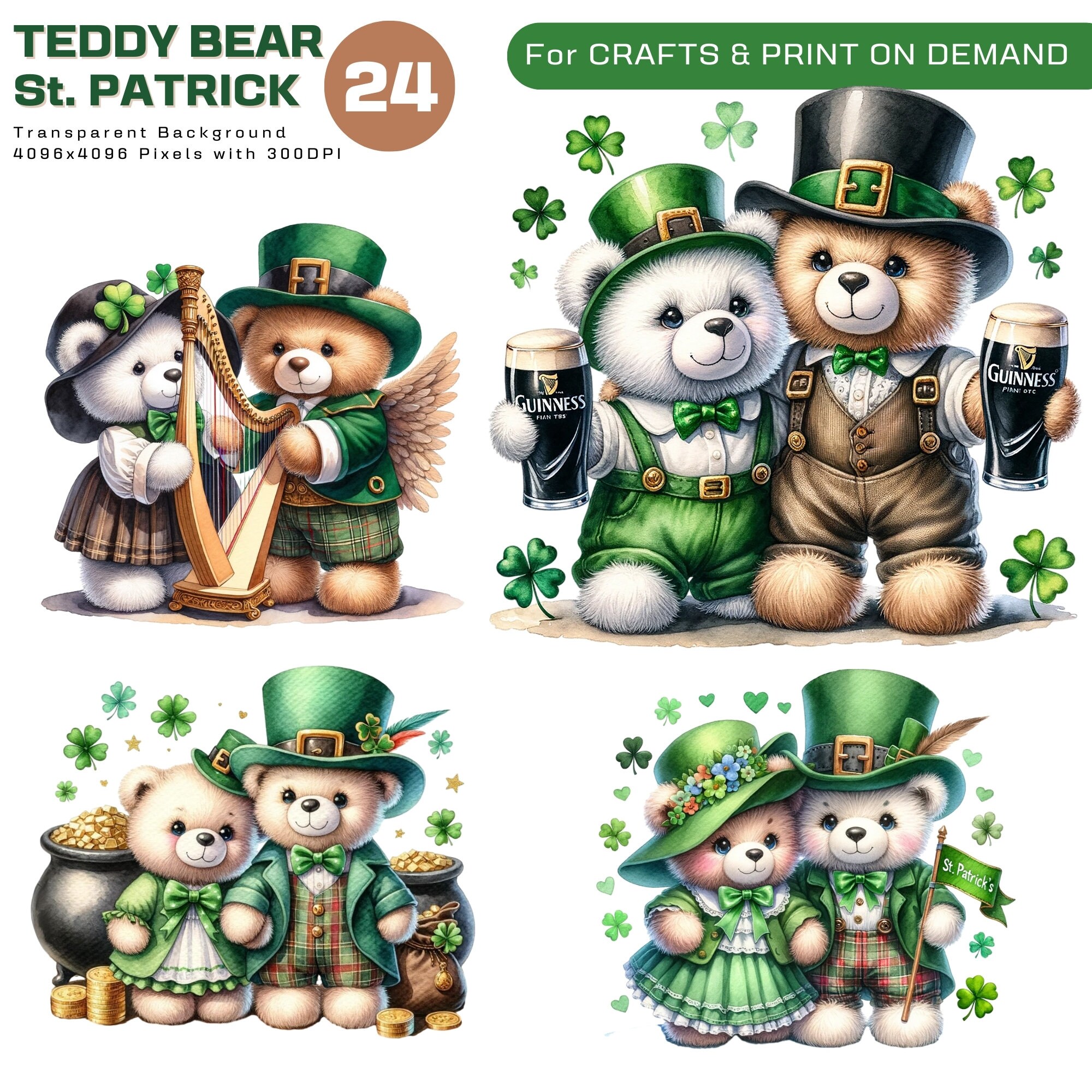 St Patrick Teddy Bear Clipart, Artful Watercolor Bear, Artful Bear Art ...
