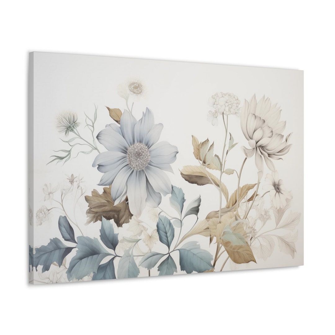 Antique White Floral Painting With Understated Blue and Gold Colored ...