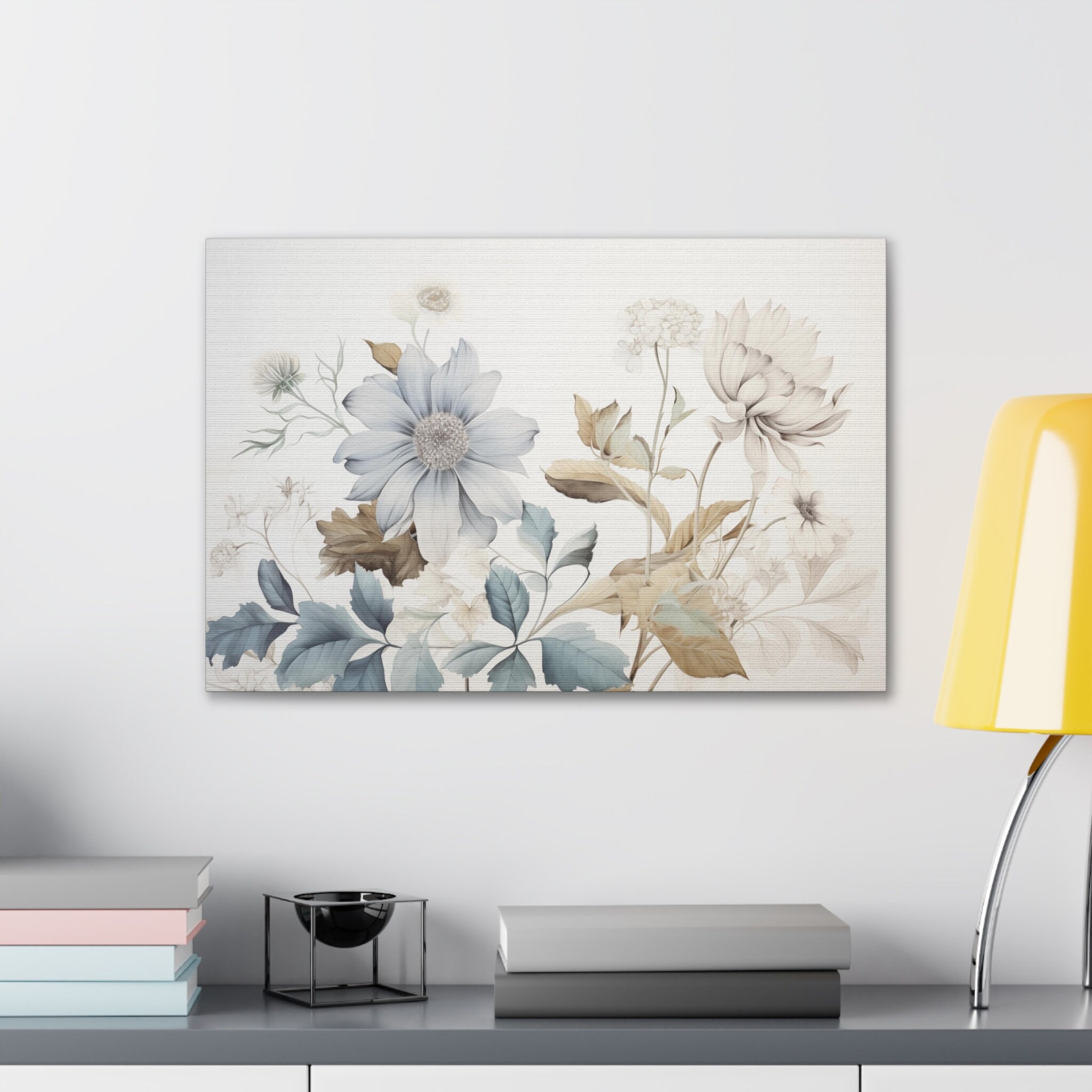 Antique White Floral Painting With Understated Blue and Gold Colored ...