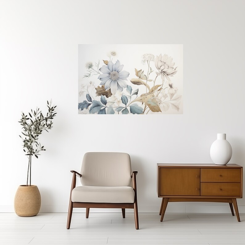 Antique White Floral Painting With Understated Blue and Gold Colored ...
