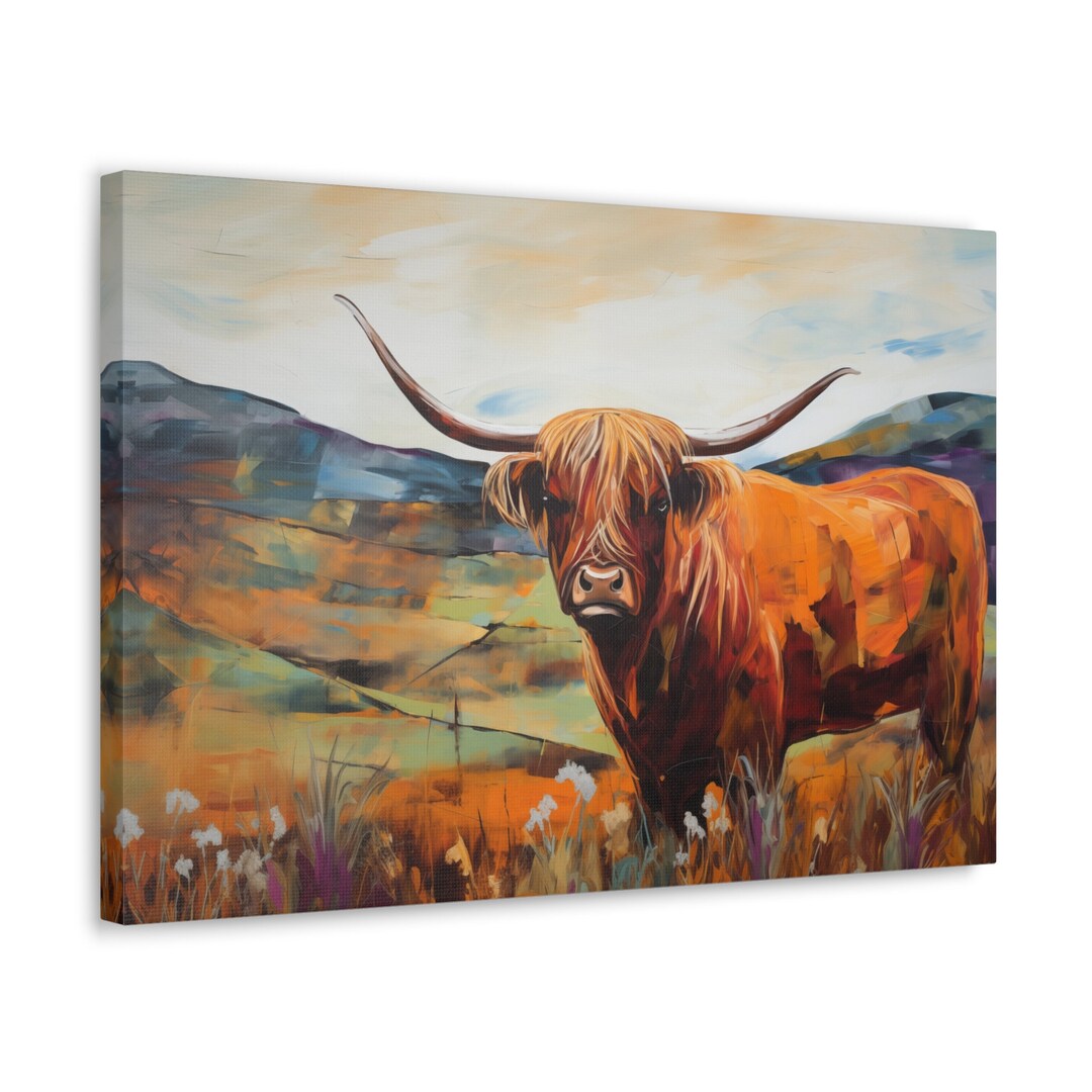 An Abstract Painting of a Scottish Highland Cow, Rustic Art on Canvas ...