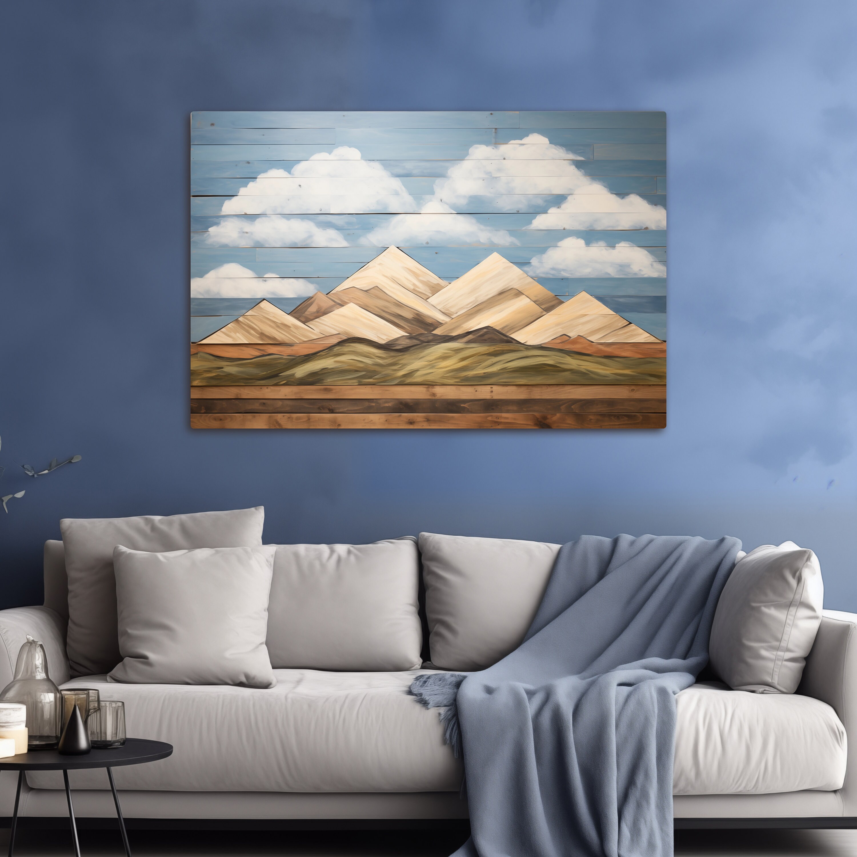 Wood Plank Mountain Range Printed on Canvas, Mountain Range Painting on ...