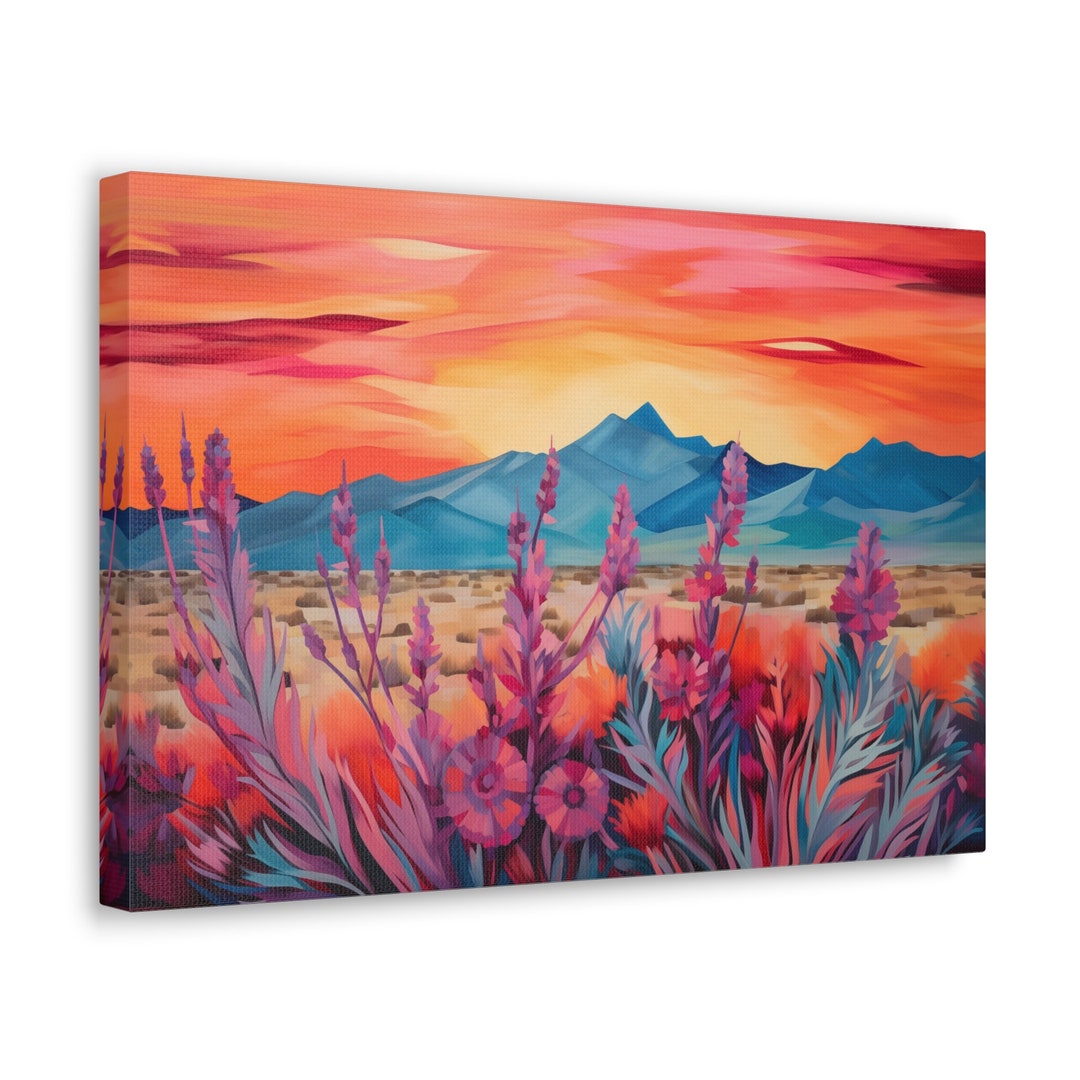Purple Desert Flowers With Mountain Background at Sunset, Abstract ...