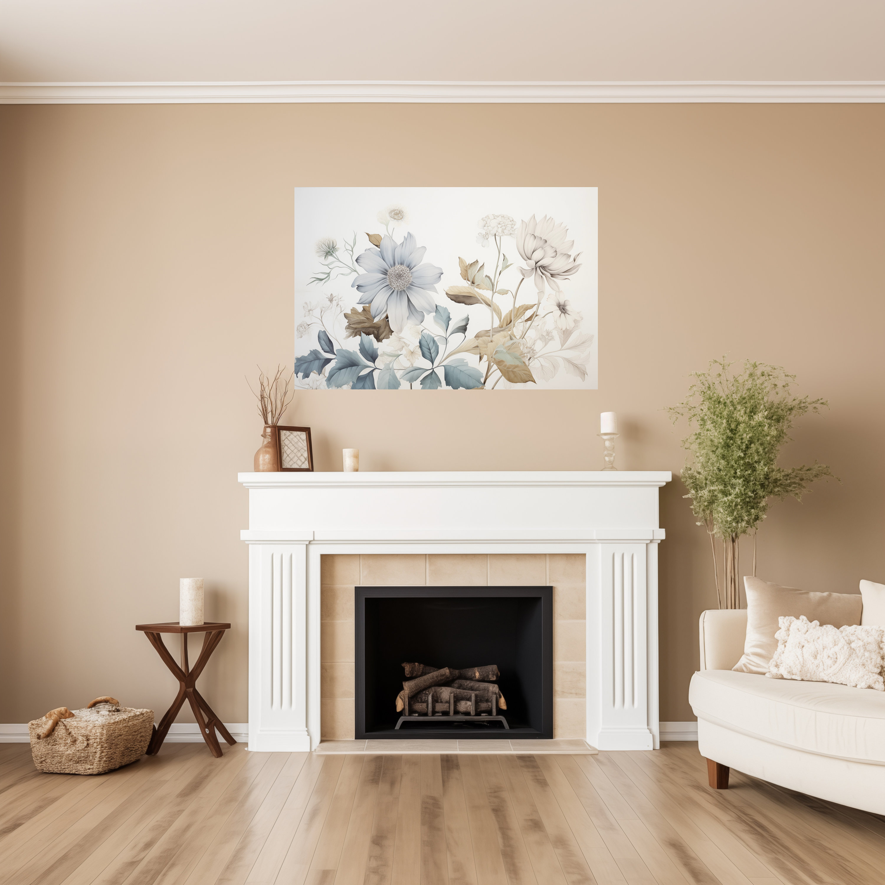 Antique White Floral Painting With Understated Blue and Gold Colored ...