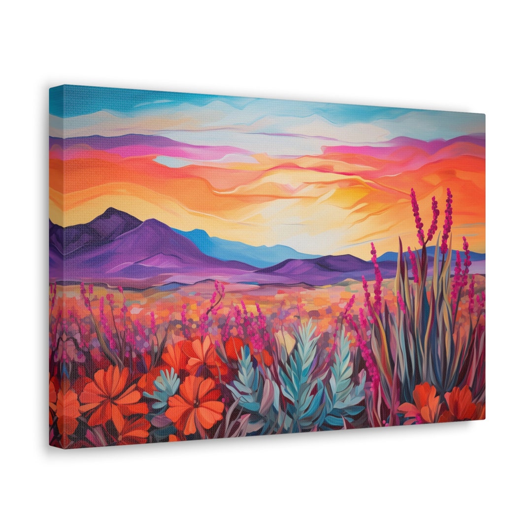 Desert Wildflower Painting in the Mountains at Sunset, Abstract Desert ...