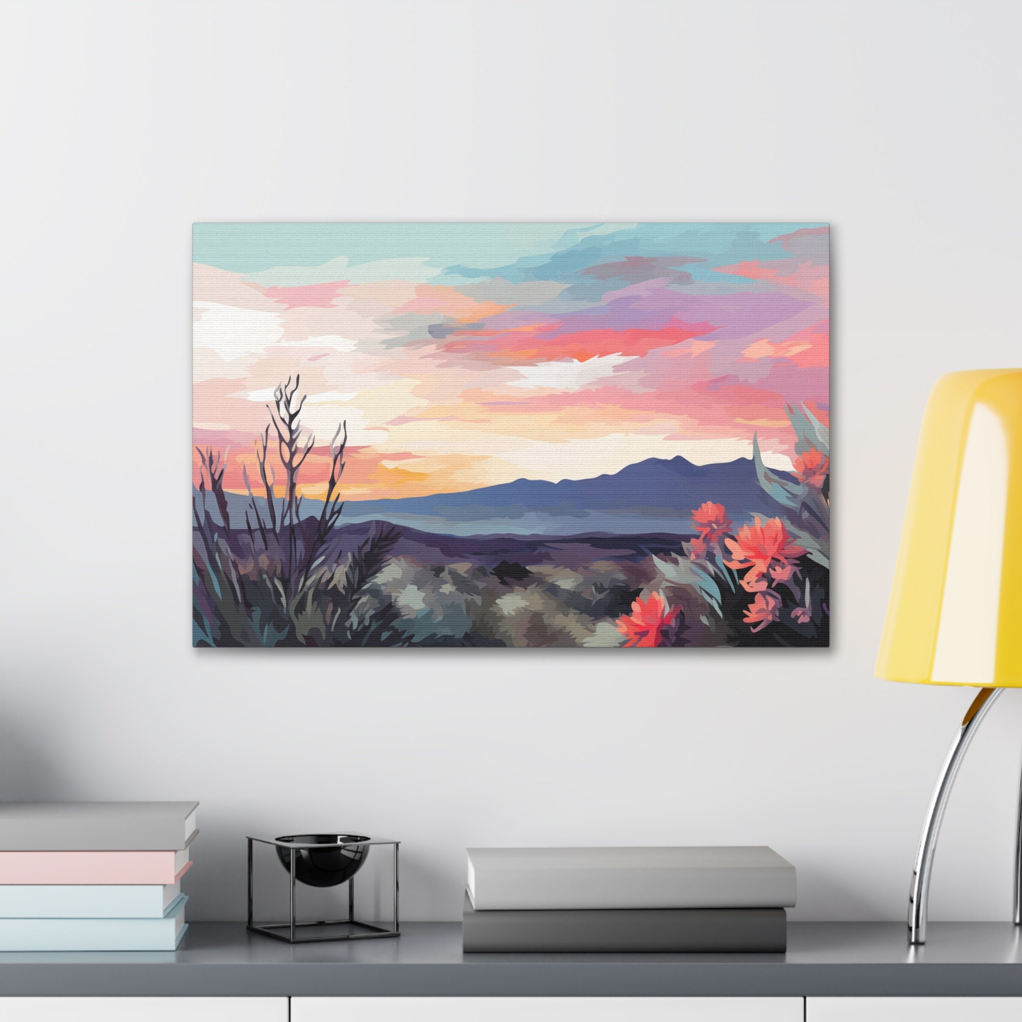 Desert Mountain Landscape at Sunset, Abstract Vintage Desert Sunset ...