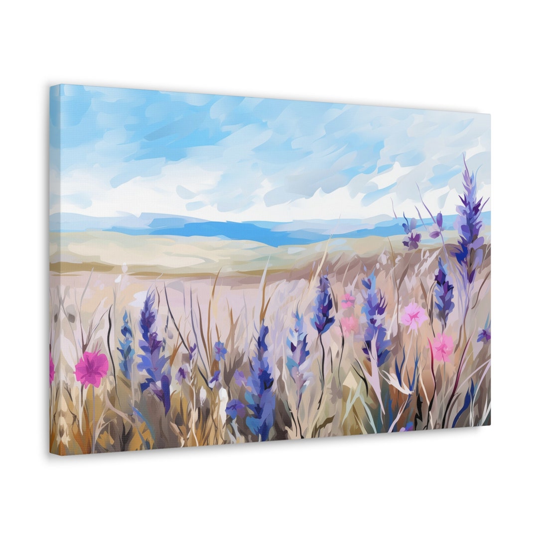 Pink and Blue Wildflowers in a Field of Prairie Grass, Abstract Prairie ...