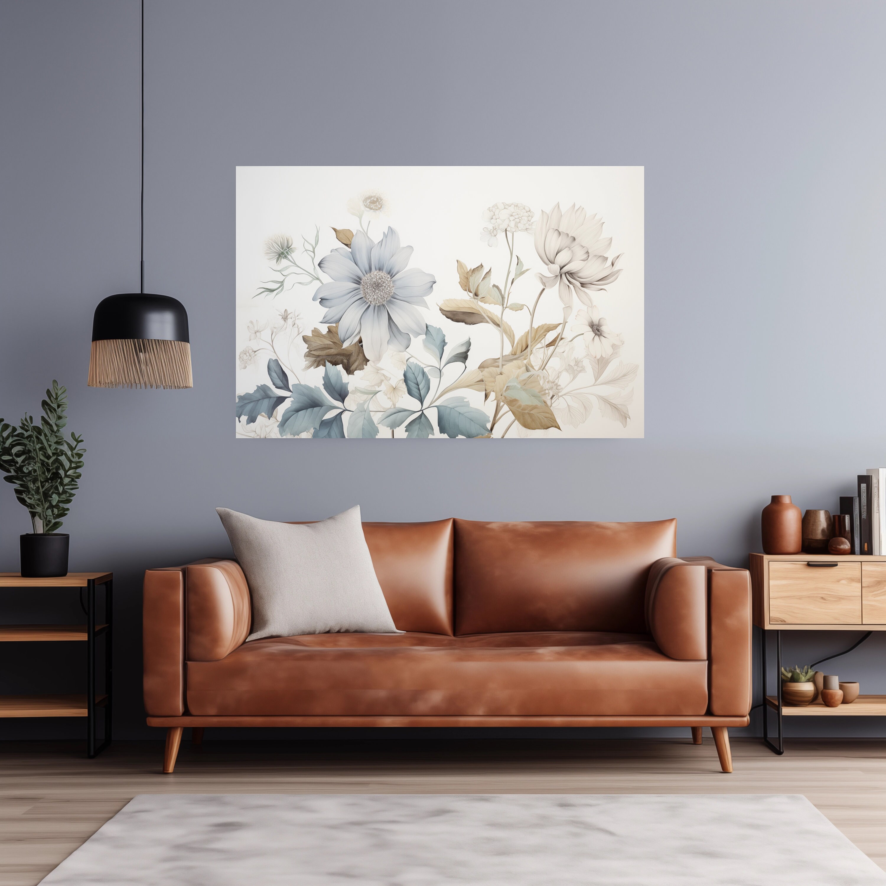 Antique White Floral Painting With Understated Blue and Gold Colored ...