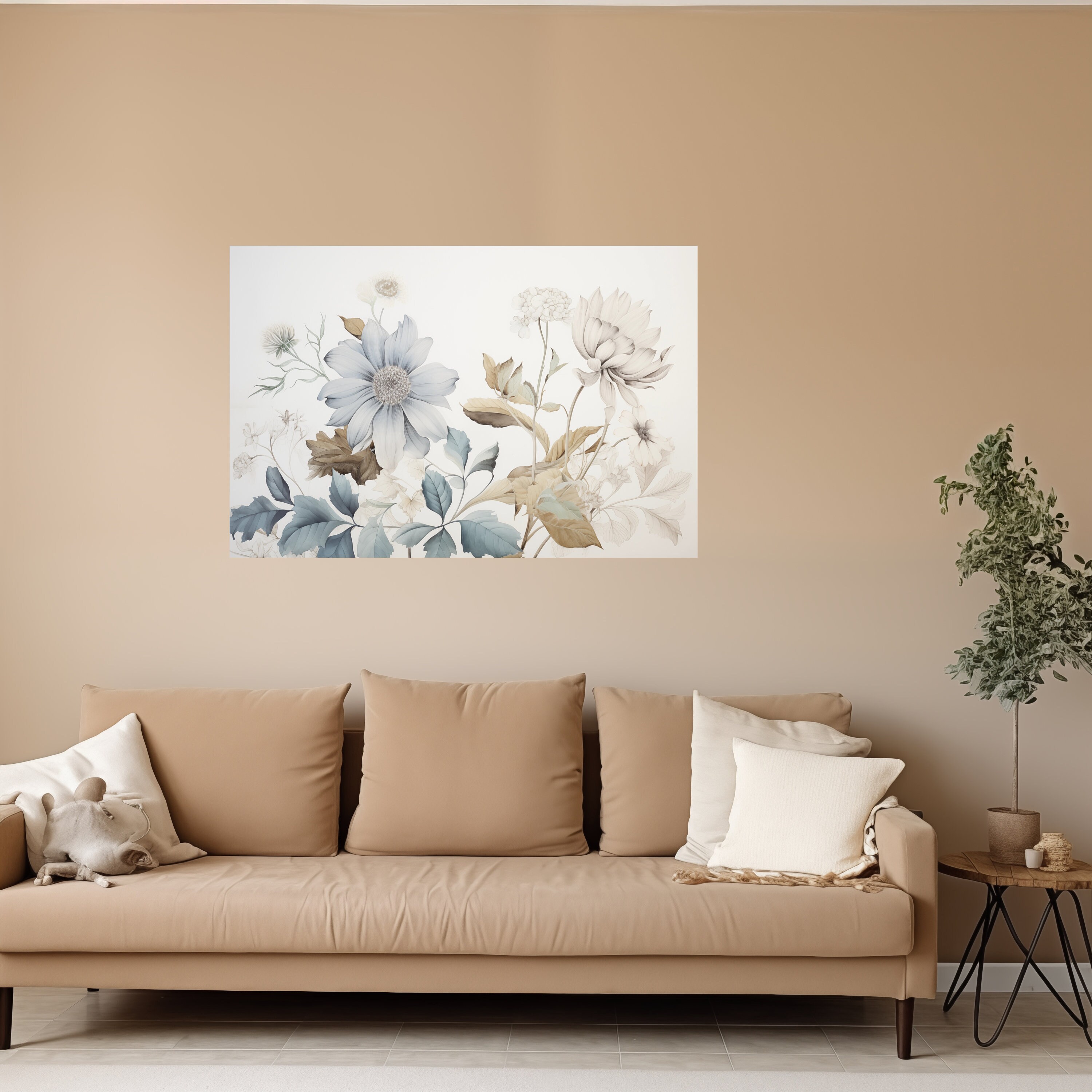 Antique White Floral Painting With Understated Blue and Gold Colored ...