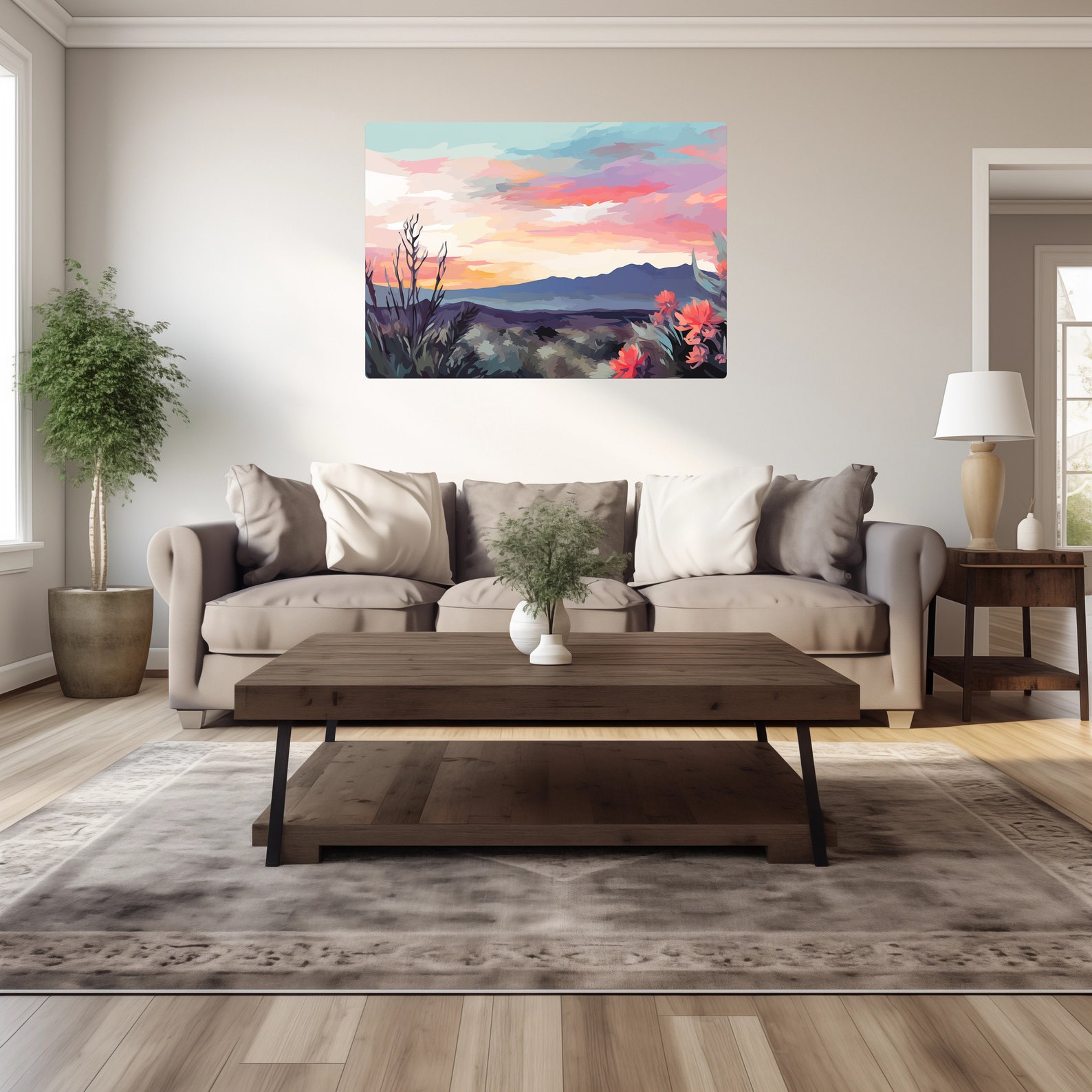 Desert Mountain Landscape at Sunset, Abstract Vintage Desert Sunset ...