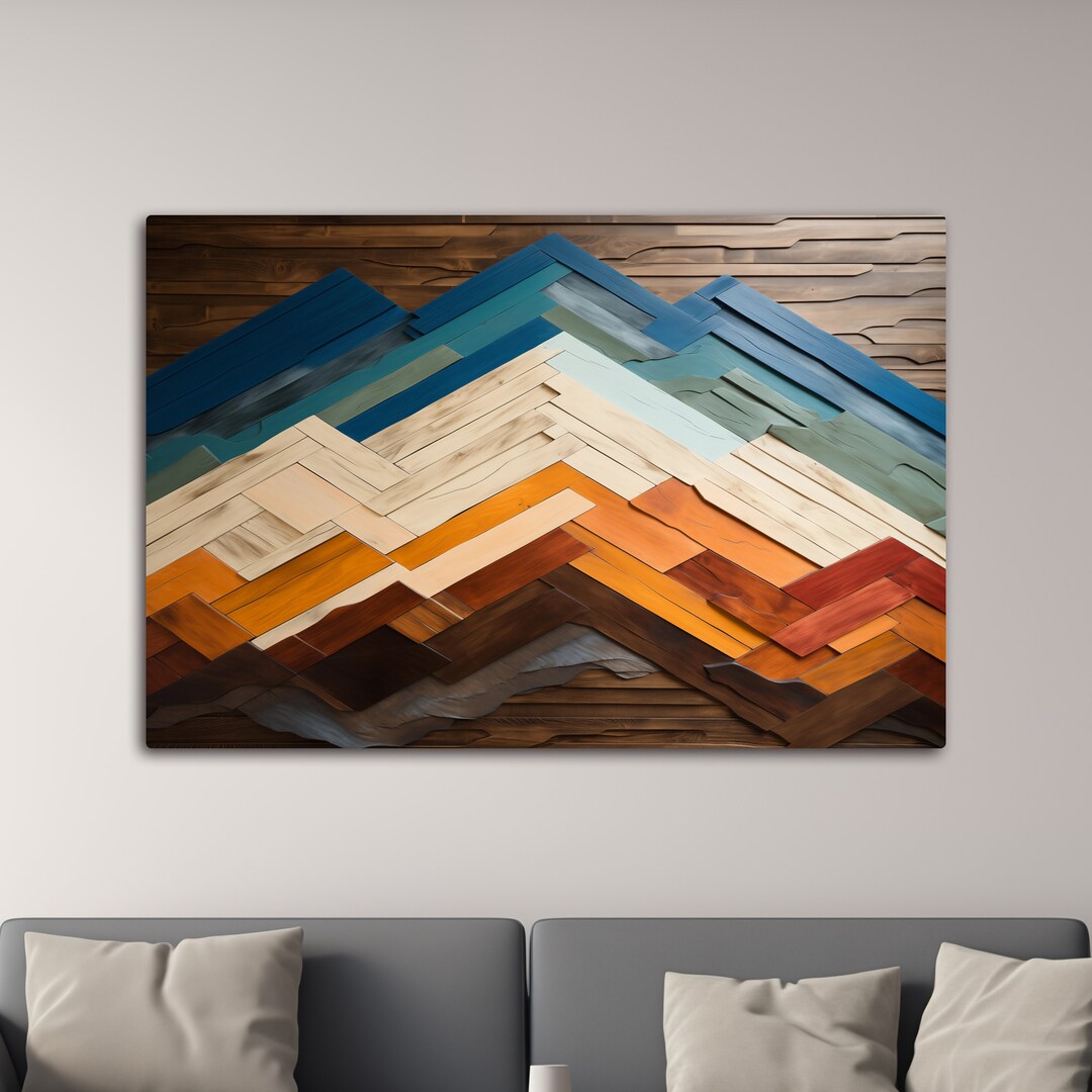 Blue and Amber Mountain Range on Wood Paneling, Wood Plank Mountain ...