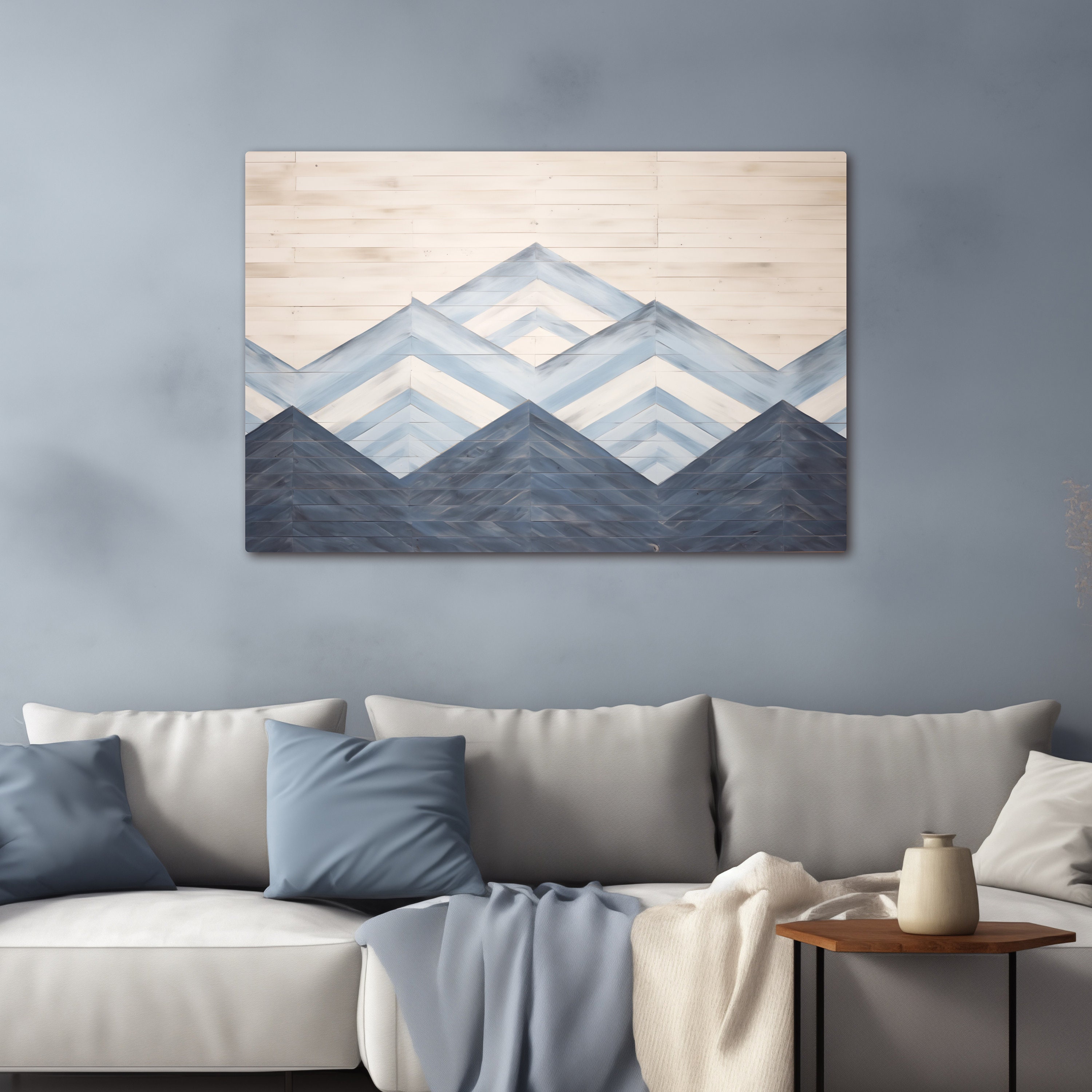 Blue and Gray Mountain Range on Wood Paneling, Wood Plank Mountain ...