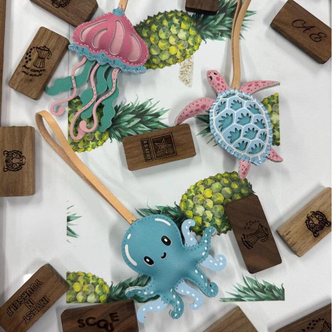 Turtle & Jellyfish Leather Bag Charm, Sea Creatures Key Chain, Handmade ...