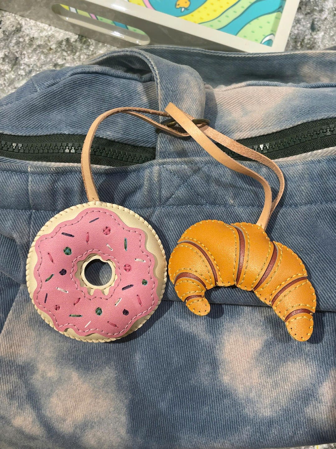 Croissant Leather Bag Charm, Donut for Food Lover's Car Accessories Key ...