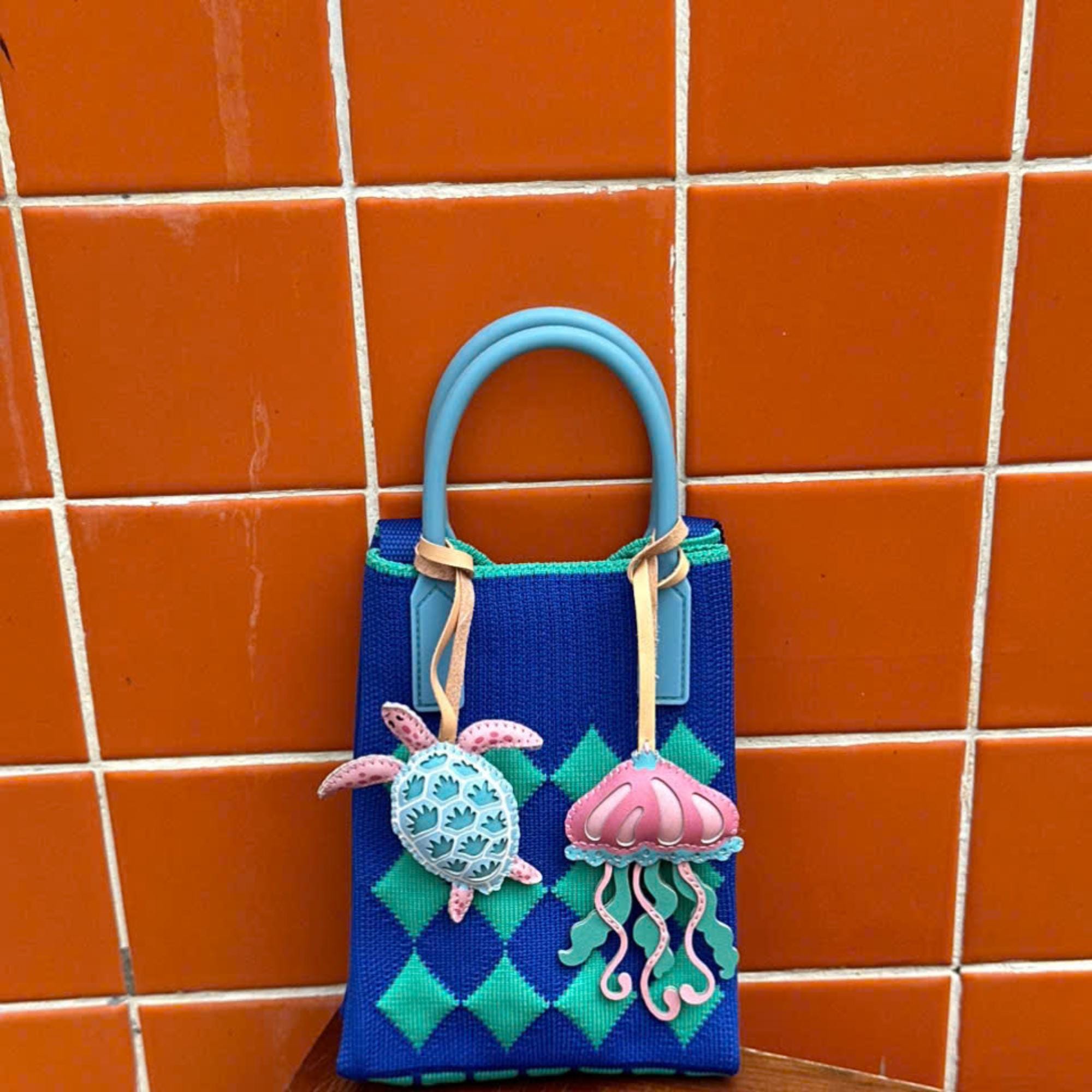 Turtle & Jellyfish Leather Bag Charm, Sea Creatures Key Chain, Handmade ...