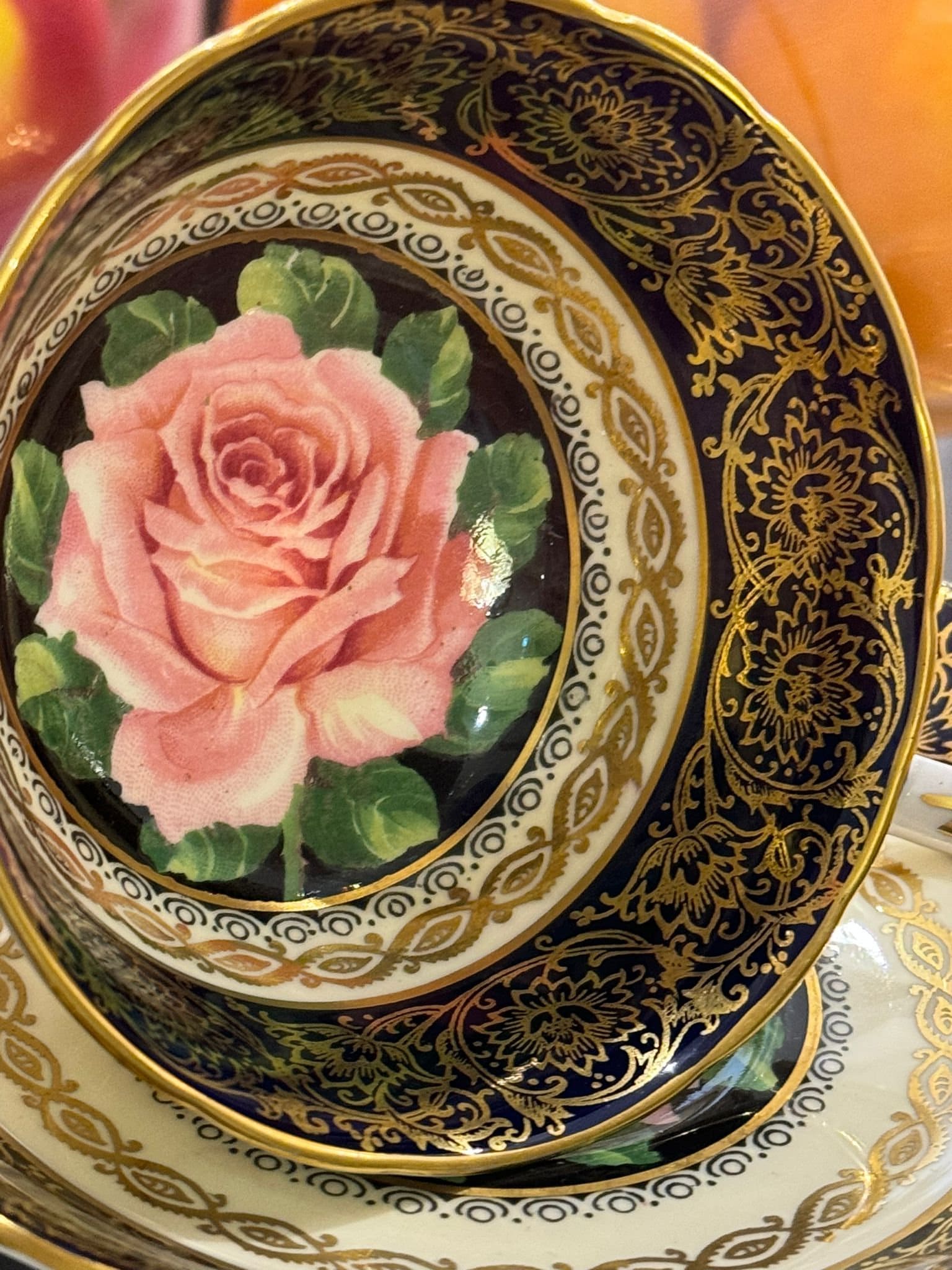 VERY RARE Paragon Double Warrant Gold & Blue Floating Cabbage Pink Rose ...