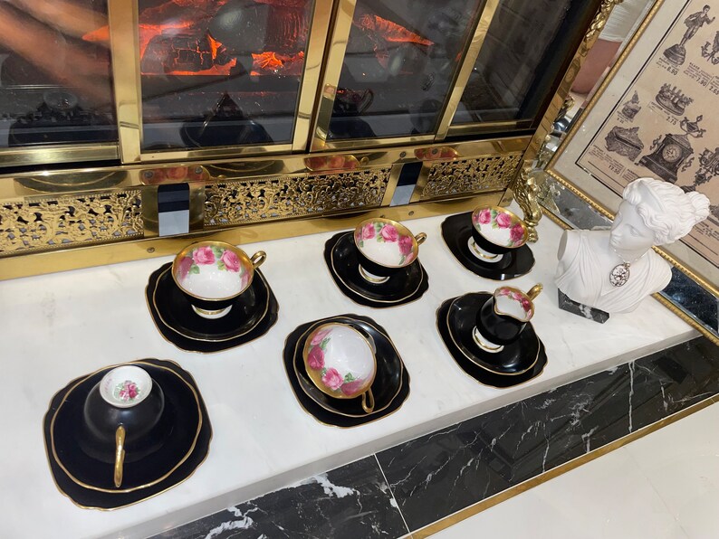 Royal Albert Matte Black OLD ENGLISH ROSE Tea Cup & Saucer Trio Heavy ...