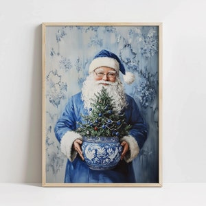 Trendy Blue Floral Santa Painting, PRINTABLE Christmas Home Wall Art ...