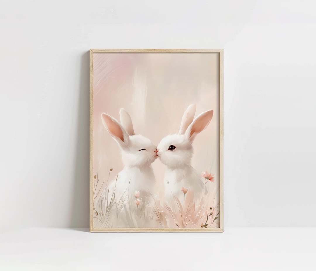 Cute White Bunnies Print, PRINTABLE Nursery Art, Pink Spring Decor ...