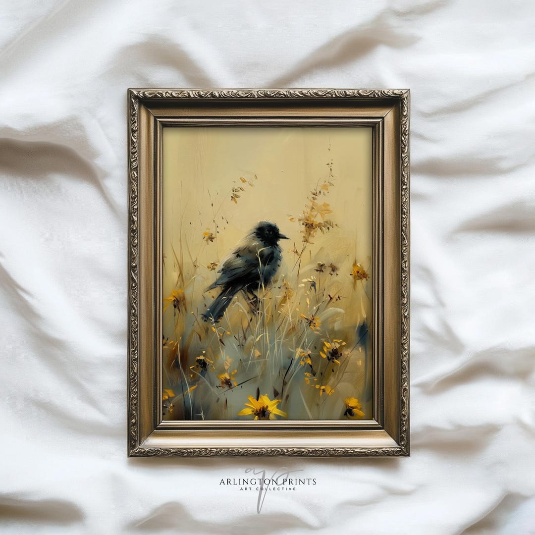 Soft Blackbird in Meadow, Vintage Style Bird Painting, Neutral Nature ...