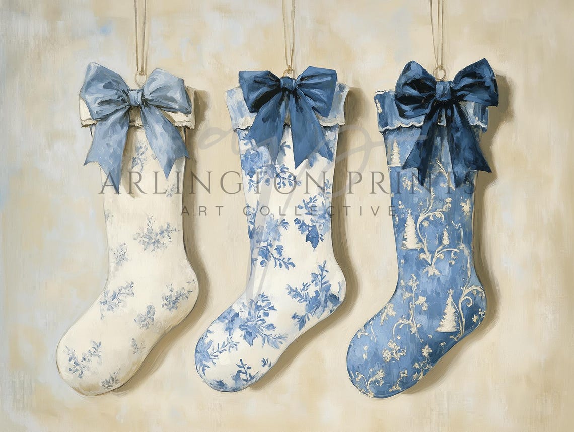 Trendy Blue Floral Stockings Painting, PRINTABLE Christmas Wall Art ...