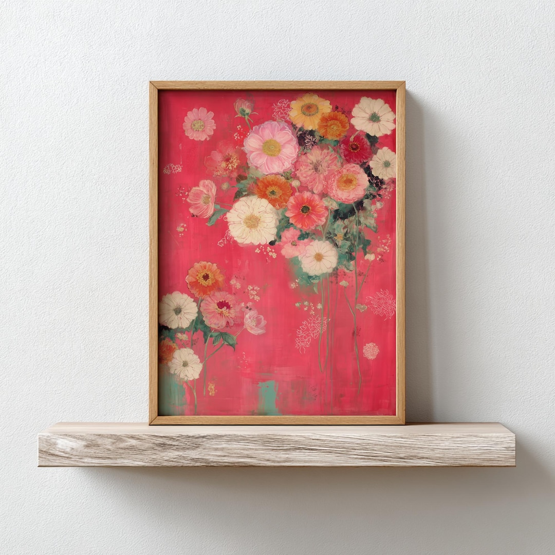Bold Pink Floral Bouquet Print, Asian Boho Flower Wall Art, Printable ...