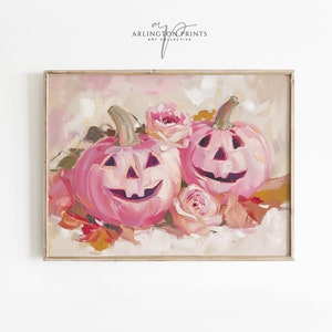 Whimsical Halloween Art Print, Pastel Pink Pumpkins, Printable Cute ...
