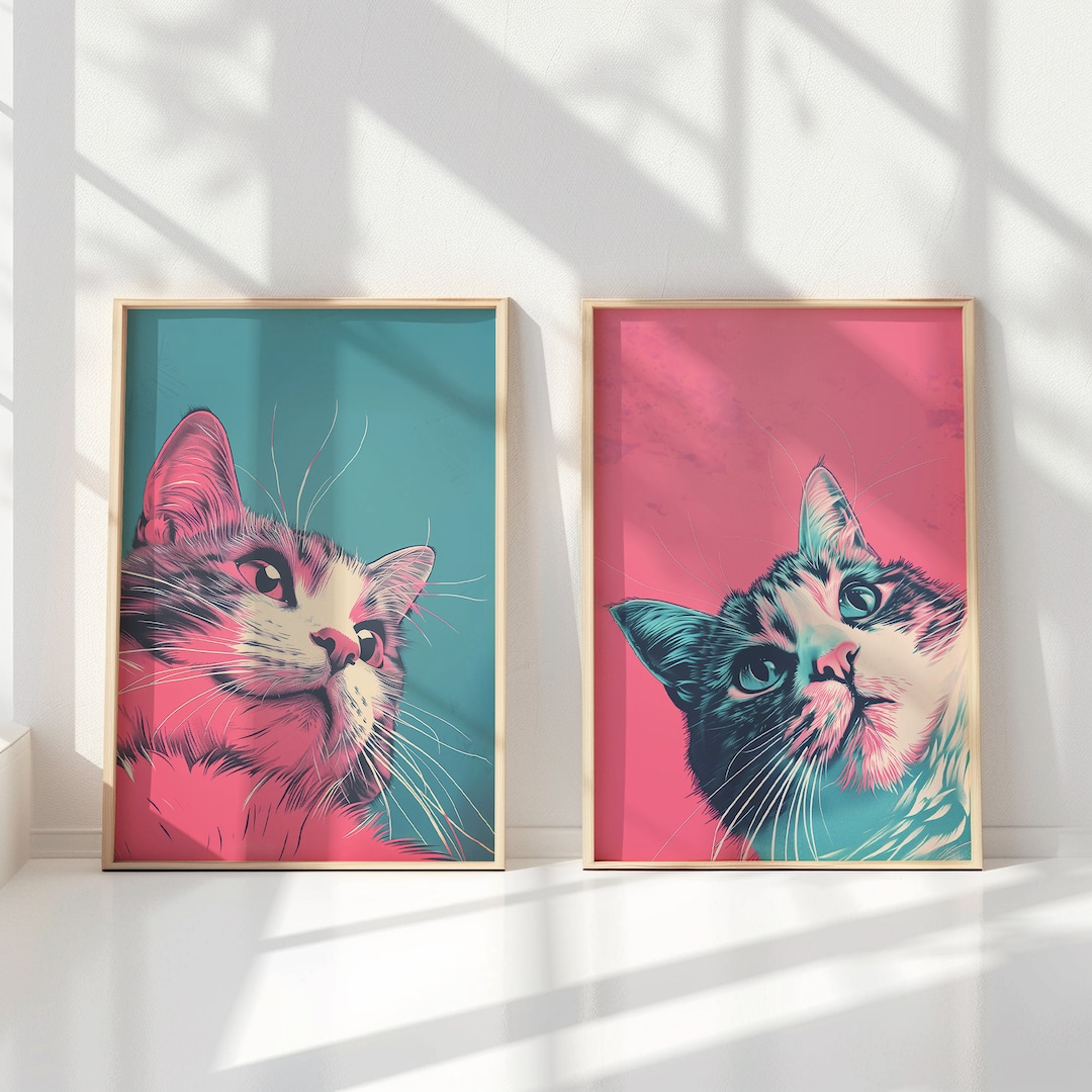 Retro Cat Pop Art Print Set, Girly Printable Preppy Art, Instant ...