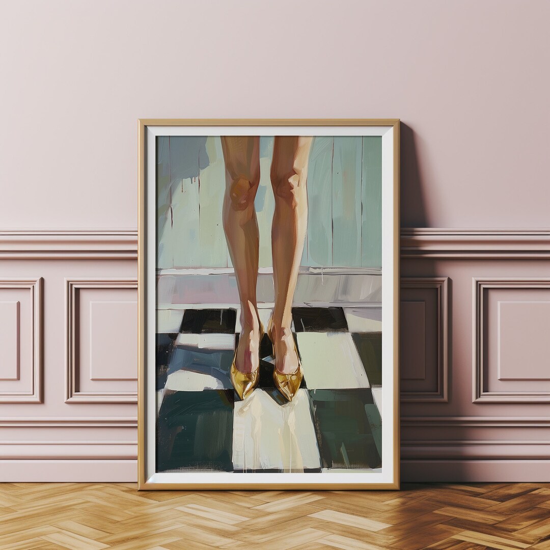 High Heels Print, Preppy Shoe Painting, Legs in Gold Heels, Cute Girly ...