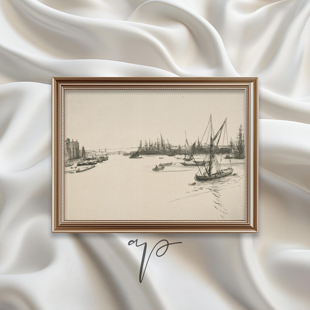Vintage Harbor Sketch Print, Sailboat Etching Wall Art, Nautical ...