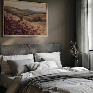 Moody Red Wildflowers Art Print, Vintage Oil Painting Maroon Scenery ...