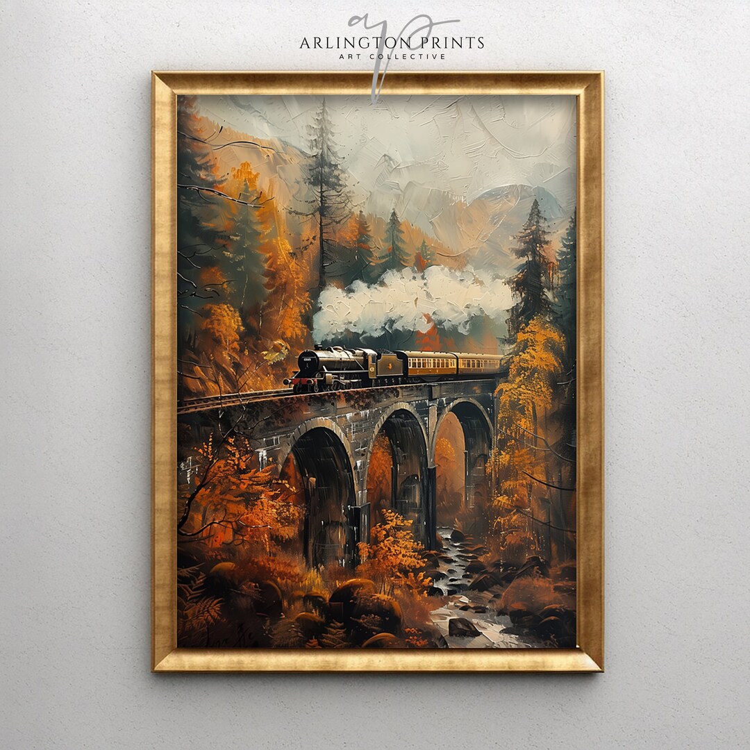 Moody Fall Train Wall Art, Antique Autumn Painting, Vintage Train ...