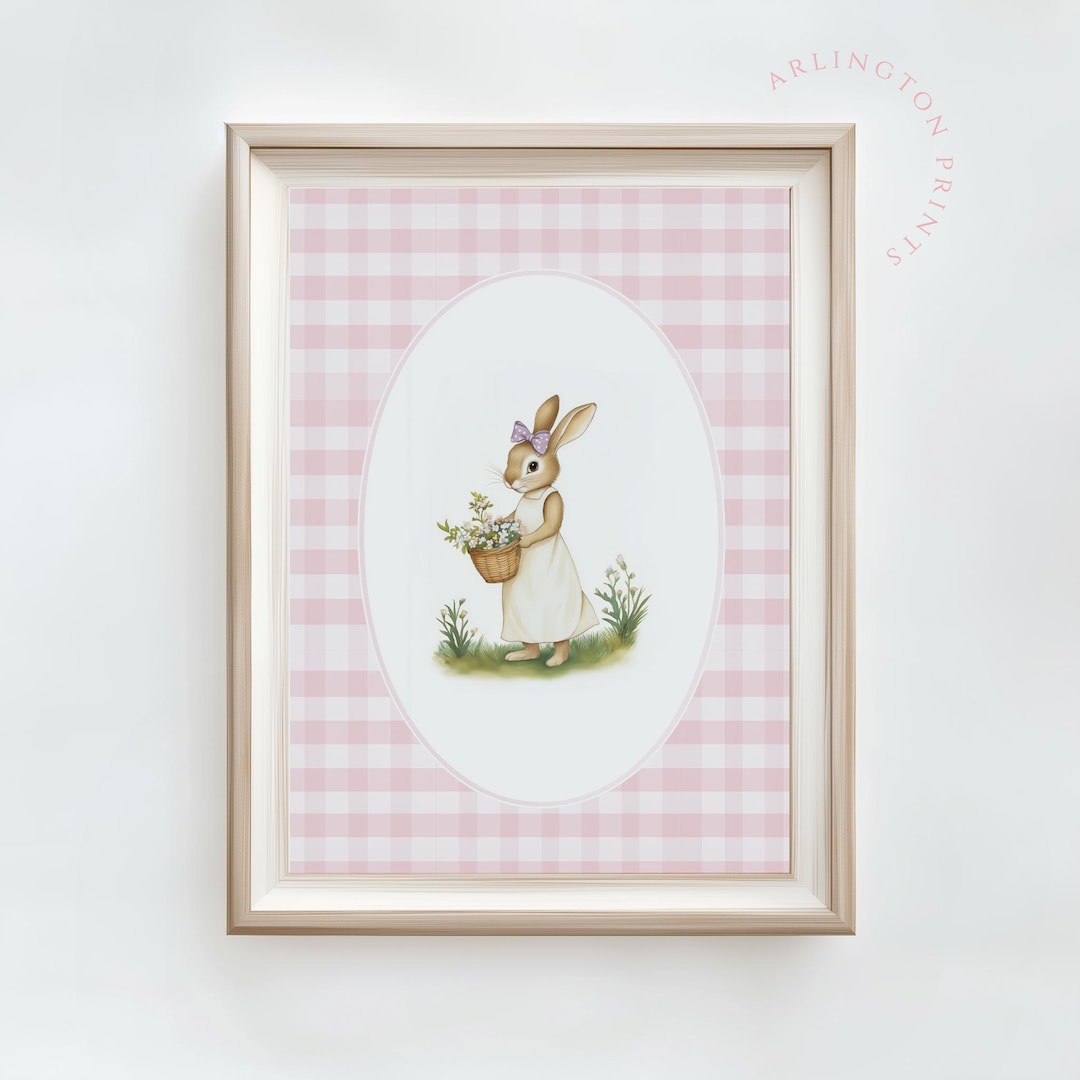Bunny Nursery Print, Pink Gingham Rabbit Art, Grandmillenial Nursery ...