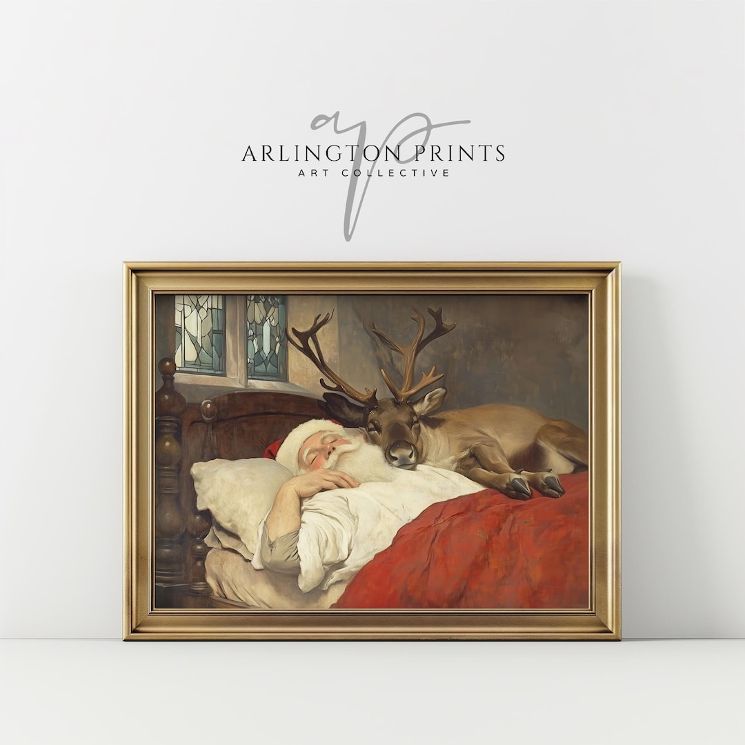 Cute Bedtime Santa Painting, Vintage Printable Christmas Wall Art ...