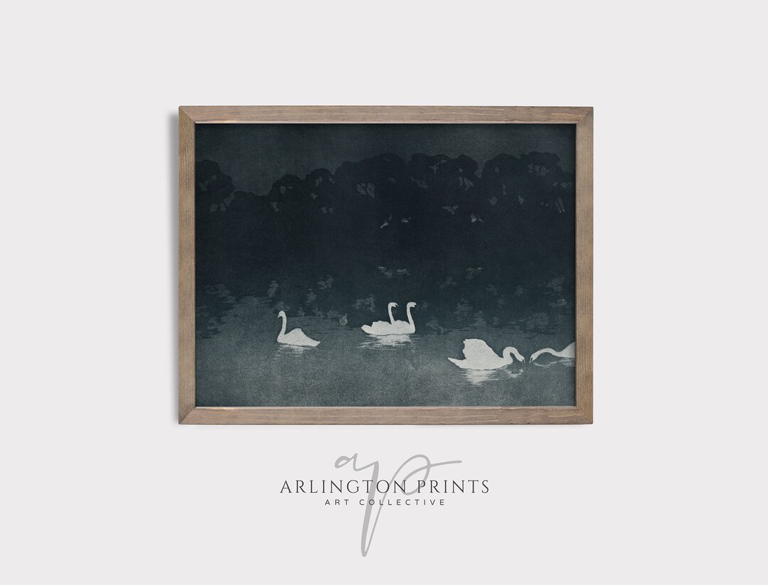 Printable White Swans Wall Art, Dark Moody Bird Print, Vintage Dark ...