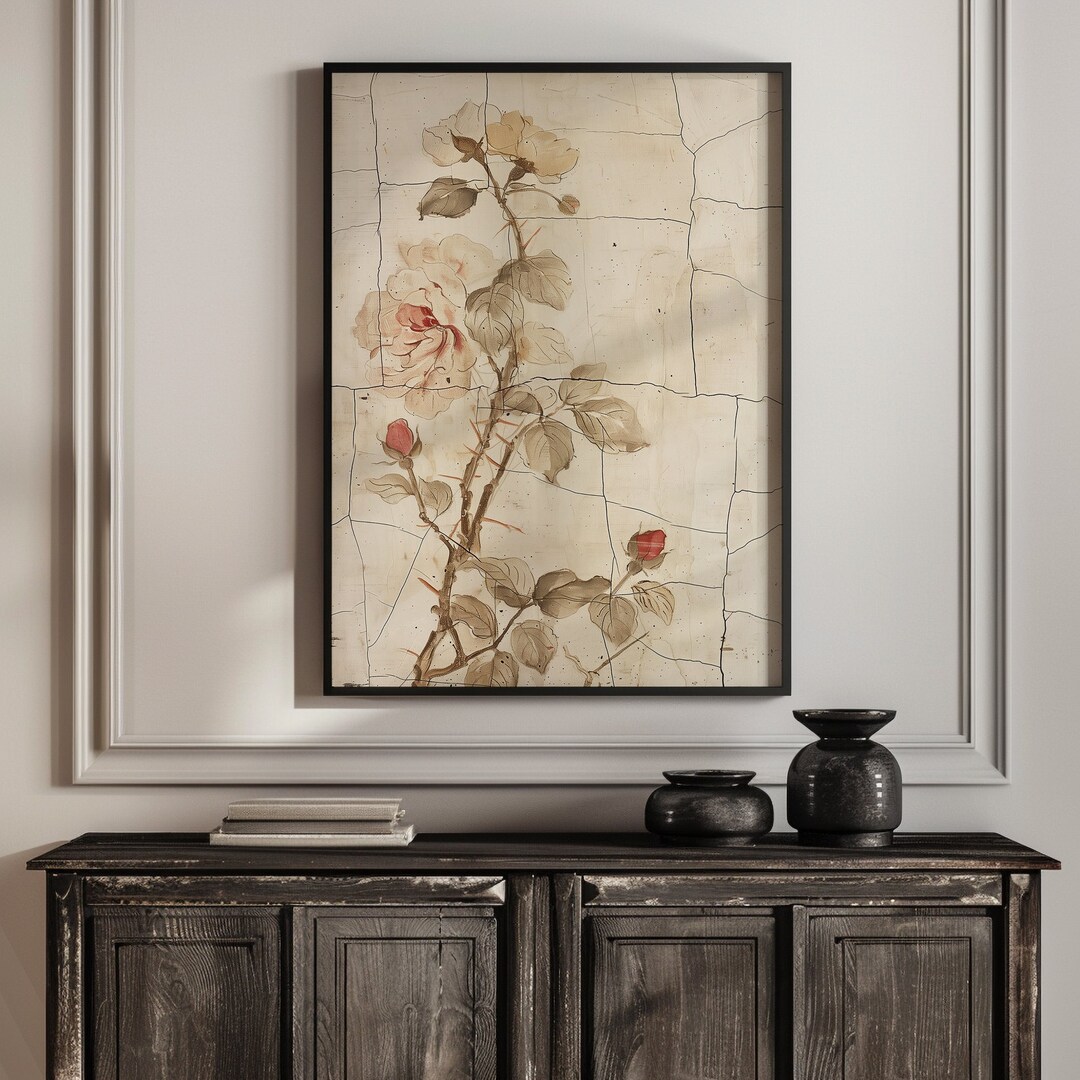 Vintage Floral Art, Fresco Painting, Roses, Rustic Cottage Print ...