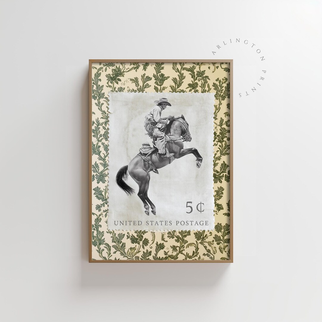 Cowboy Art Print, Vintage Stamp Wall Decor, Cottagecore Country ...