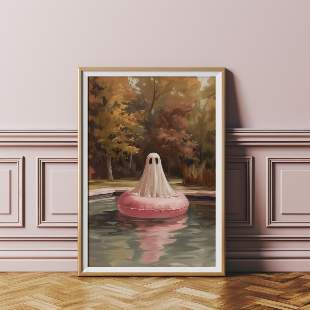 Funny Pool Ghost Print, Pink Printable Halloween Decor, Cute Ghost Pool ...