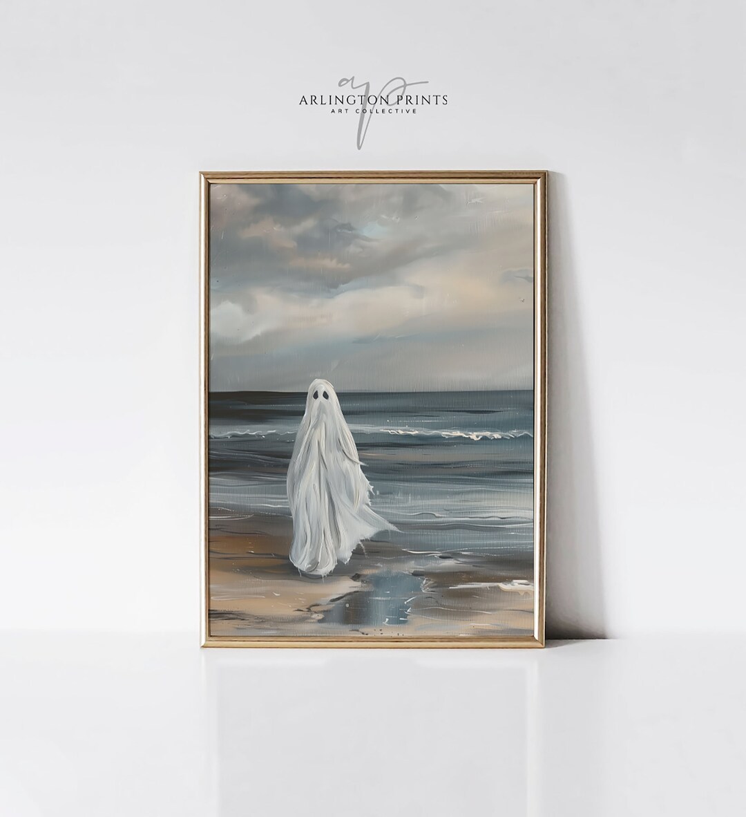Ghost on Beach Wall Art, Printable Halloween Decor, Neutral Coastal Oil ...