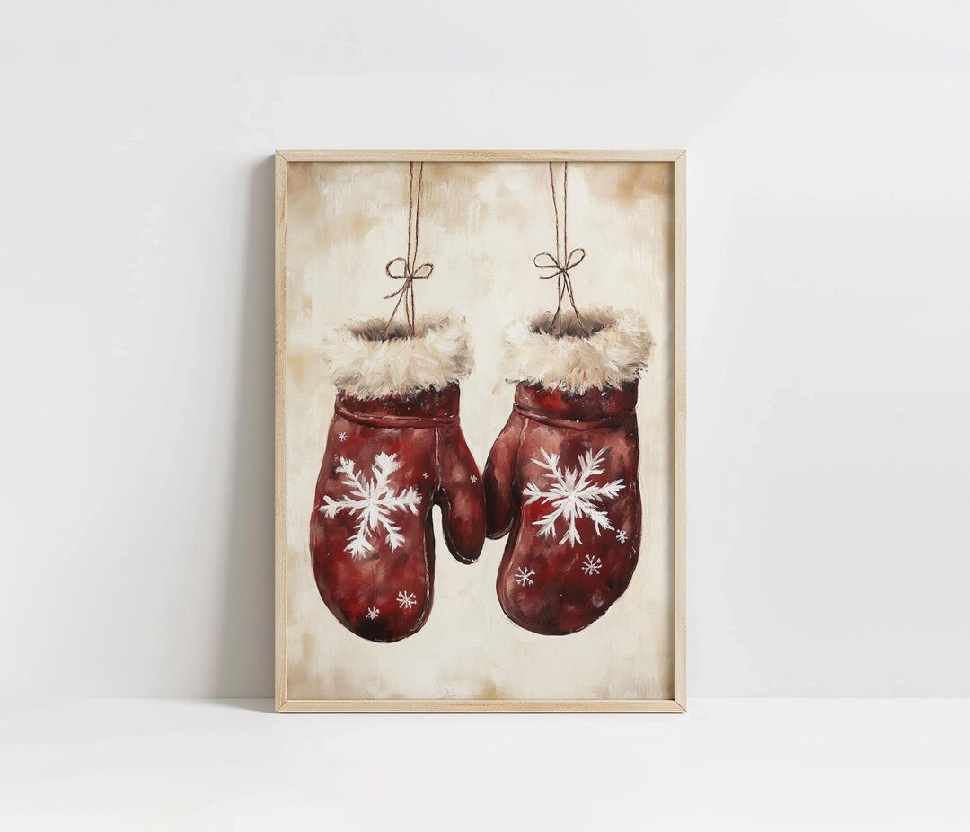 Rustic Burgundy Christmas Mittens Print, PRINTABLE Beige Winter Wall ...